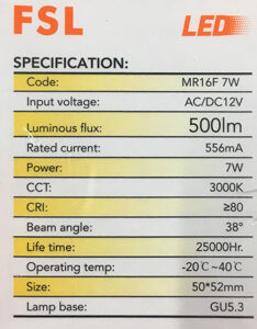 FSL MR16 LED 12V 7W 3000K 38D GU5.3 25000hrs. – MARKPRO LIGHTING