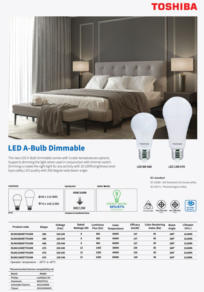 MARKPRO LIGHTING | Toshiba LED A60 Bulb 8W 6500K E27 15000hrs. (dim)