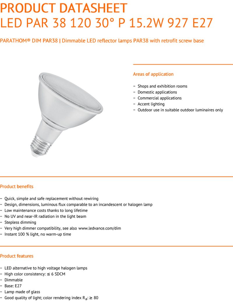 OSRAM PAR38 LED 15.2W 2700K warm 30D E27 (dim) – MARKPRO LIGHTING