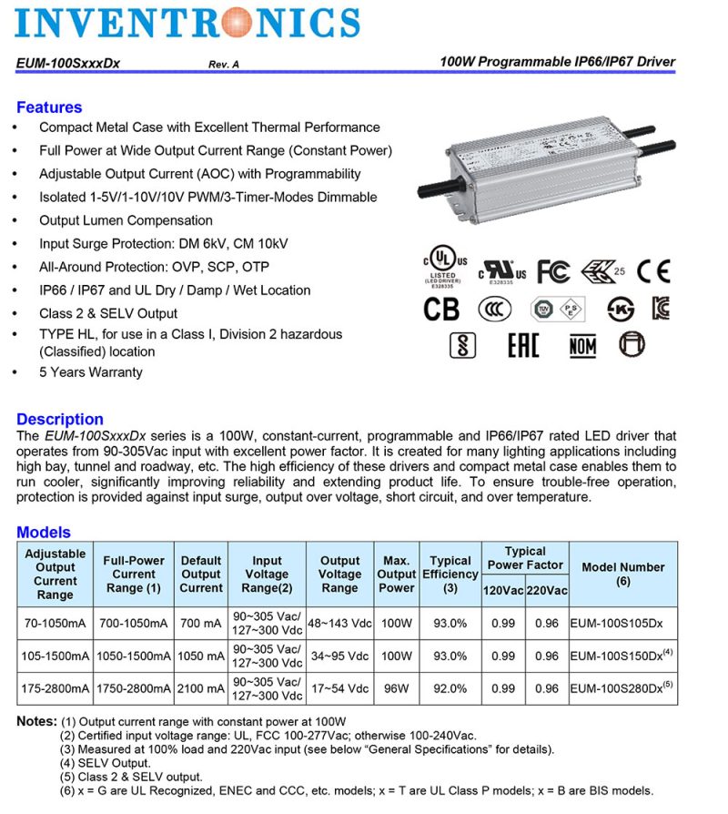 Inventronics EUM-100S105DG 100W, 700-1.05A, 48-143V – MARKPRO LIGHTING